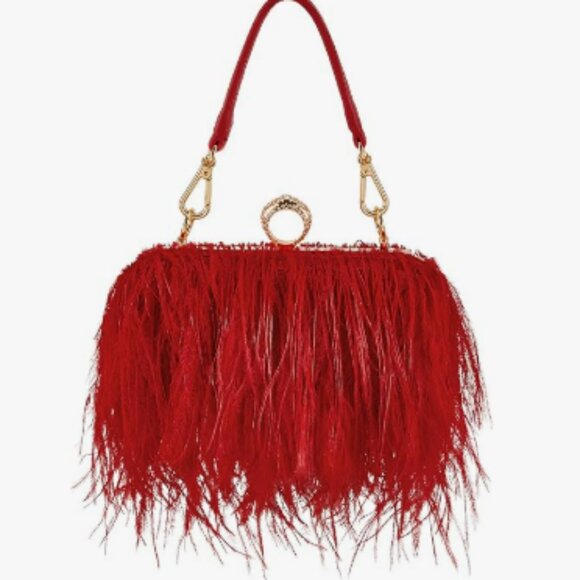 Bags | Women Red Ostrich Feather Tote Bag Fluffy Purse Clutch | Poshmark